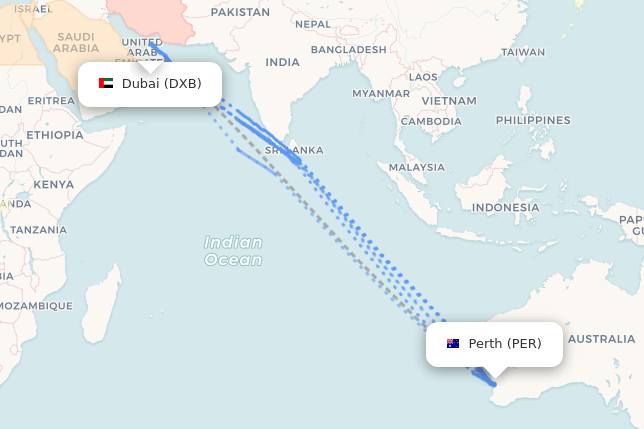 Actual flight paths from Perth to Dubai - flightpaths.com