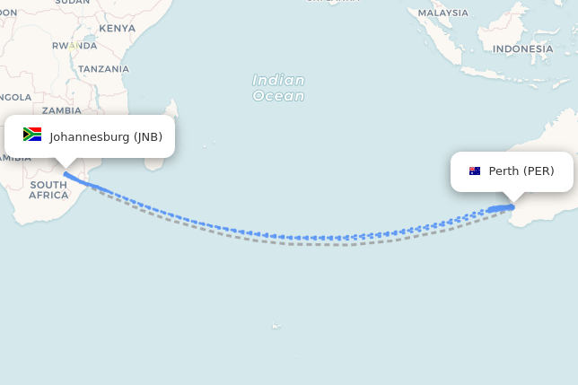 Actual flight paths from Perth to Johannesburg - flightpaths.com
