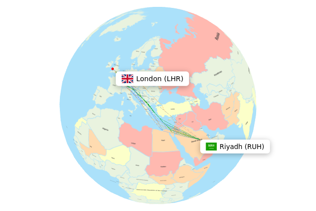 Actual flight paths from Riyadh to London - flightpaths.com