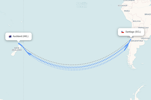 Actual flight paths from Santiago to Auckland - flightpaths.com
