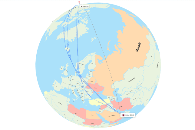 Actual flight paths from Seattle to Doha - flightpaths.com
