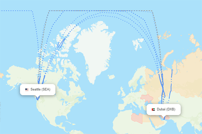 Actual flight paths from Seattle to Dubai - flightpaths.com