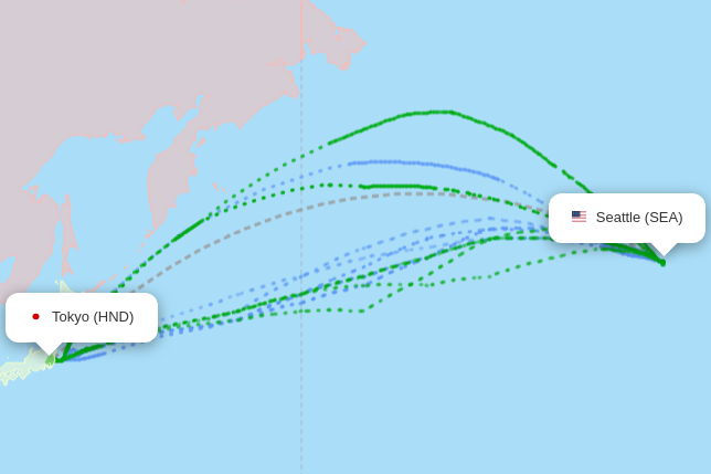 Actual flight paths from Seattle to Tokyo - flightpaths.com