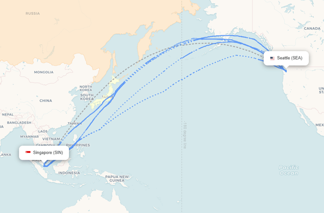 Actual flight paths from Seattle to Singapore - flightpaths.com
