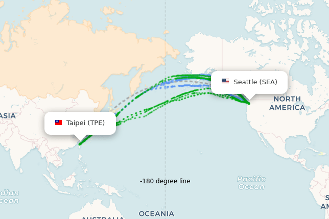 Actual flight paths from Seattle to Taipei - flightpaths.com