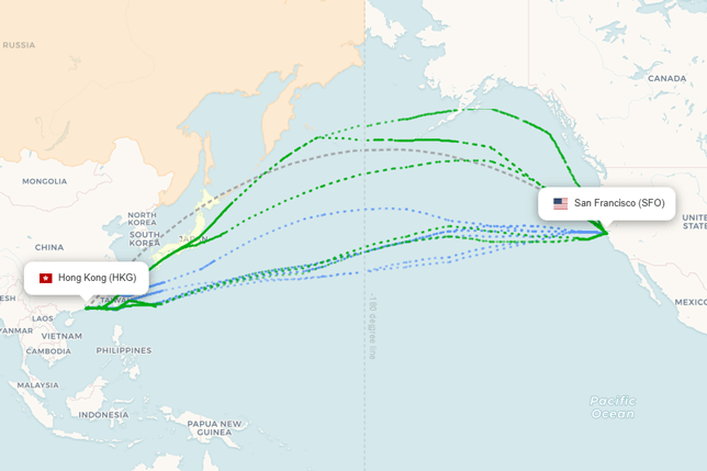 Actual flight paths from San Francisco to Hong Kong - flightpaths.com