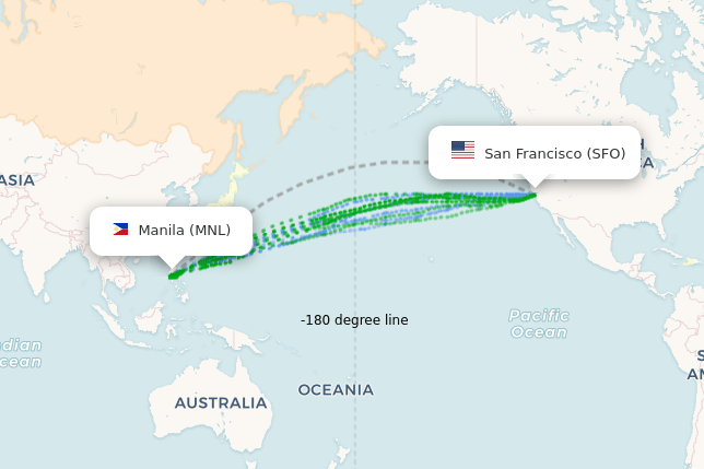 Actual flight paths from San Francisco to Manila - flightpaths.com