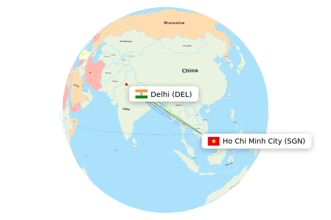 Actual flight paths from Ho Chi Minh City to Delhi - flightpaths.com