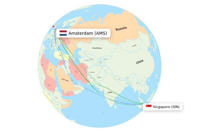 Actual flight paths from Singapore to Amsterdam - flightpaths.com