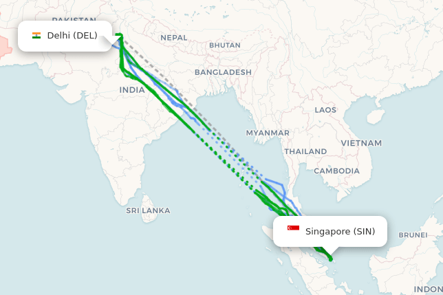 Actual flight paths from Singapore to Delhi - flightpaths.com