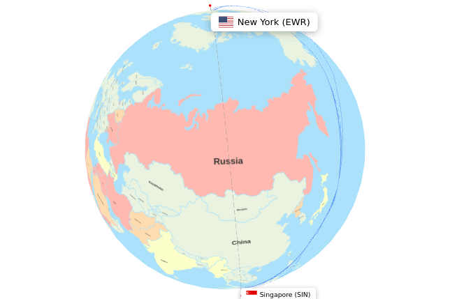 Actual flight paths from Singapore to New York - flightpaths.com