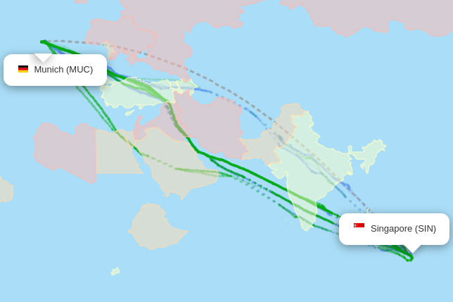 Actual flight paths from Singapore to Munich - flightpaths.com