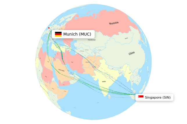 Actual flight paths from Singapore to Munich - flightpaths.com