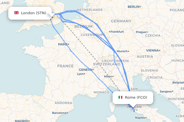 Actual flight paths from London to Rome - flightpaths.com