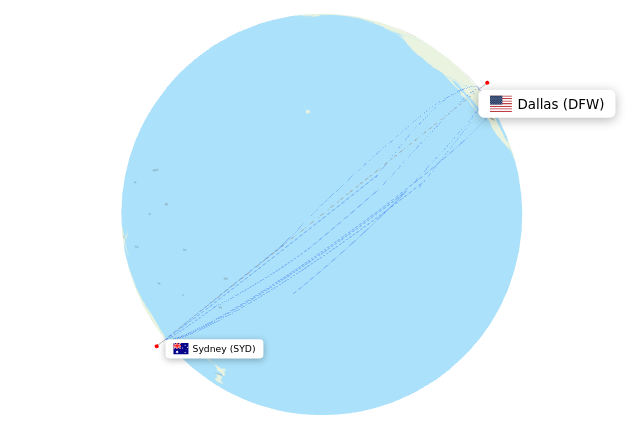 Actual flight paths from Sydney to Dallas - flightpaths.com