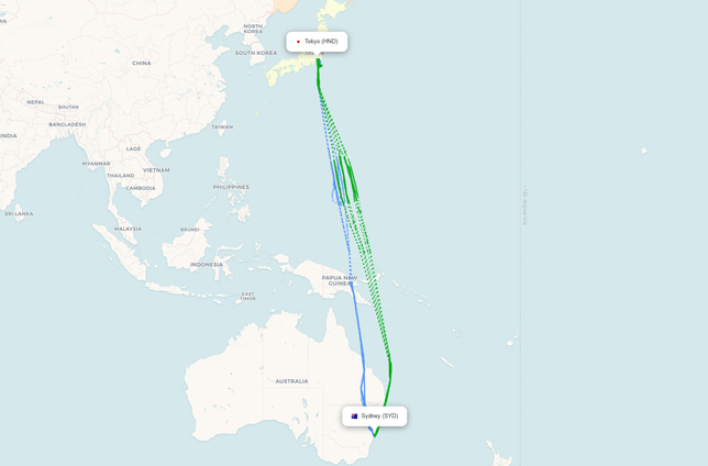 Actual flight paths from Sydney to Tokyo - flightpaths.com