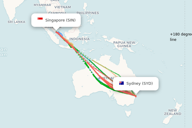 Actual flight paths from Sydney to Singapore - flightpaths.com