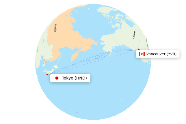 Actual flight paths from Vancouver to Tokyo - flightpaths.com