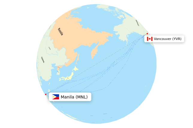 Actual flight paths from Vancouver to Manila - flightpaths.com