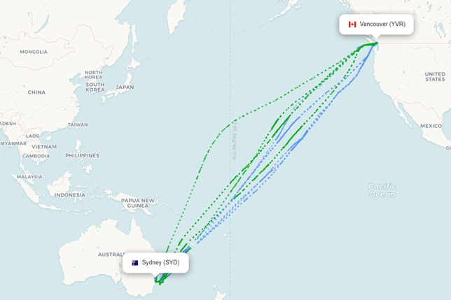 Actual flight paths from Vancouver to Sydney - flightpaths.com