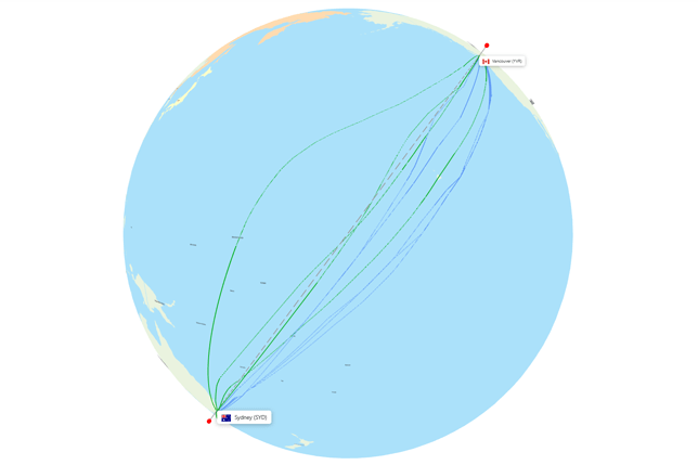 Actual flight paths from Vancouver to Sydney - flightpaths.com