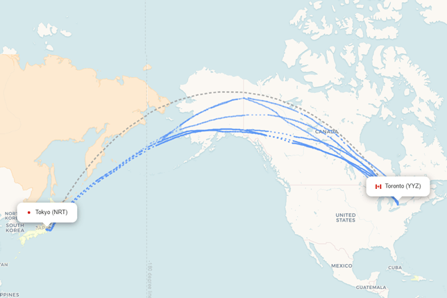 Actual flight paths from Toronto to Tokyo - flightpaths.com
